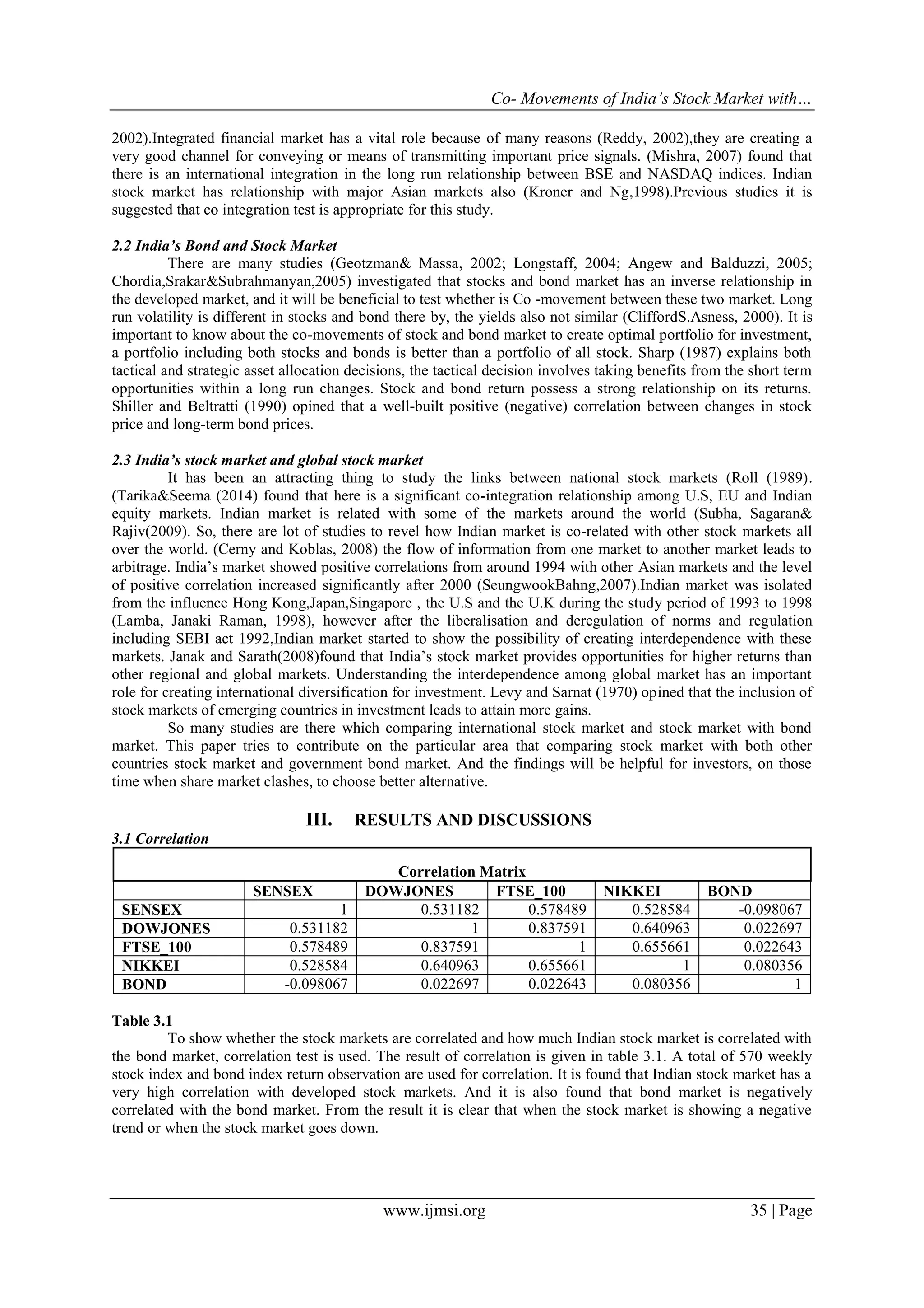 Co- Movements of India’s Stock Market with Bond Market and Select ...
