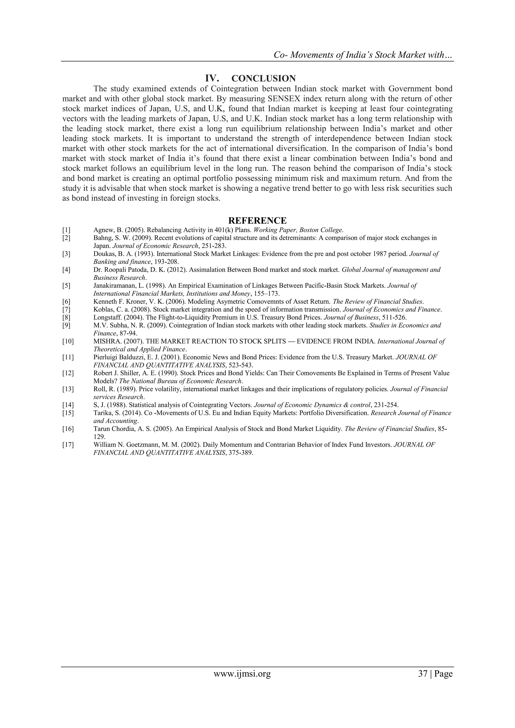 Co- Movements of India’s Stock Market with Bond Market and Select Global Stock Markets | PDF