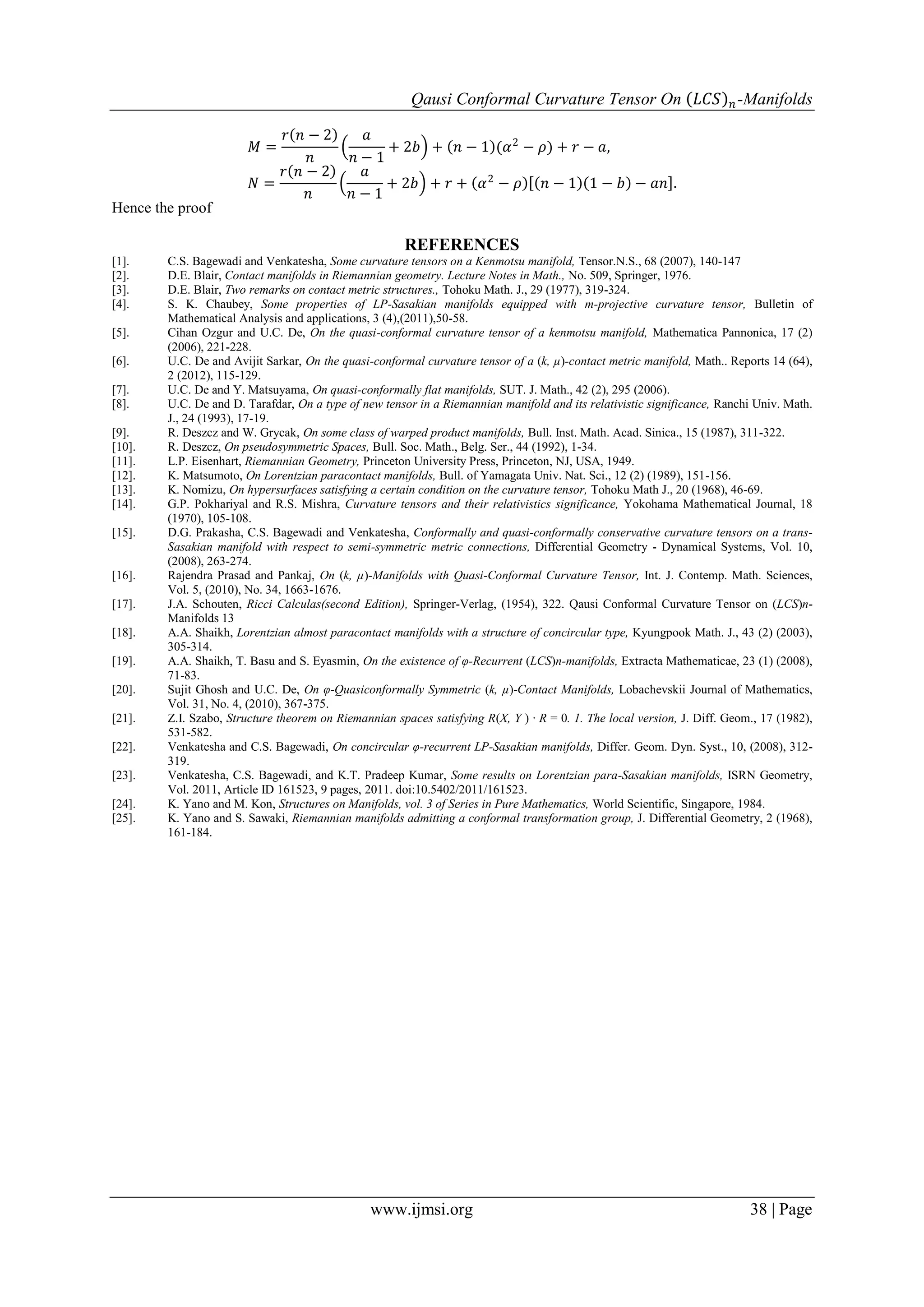 Qausi Conformal Curvature Tensor on 푳푪푺 풏-Manifolds | PDF | Physics | Science