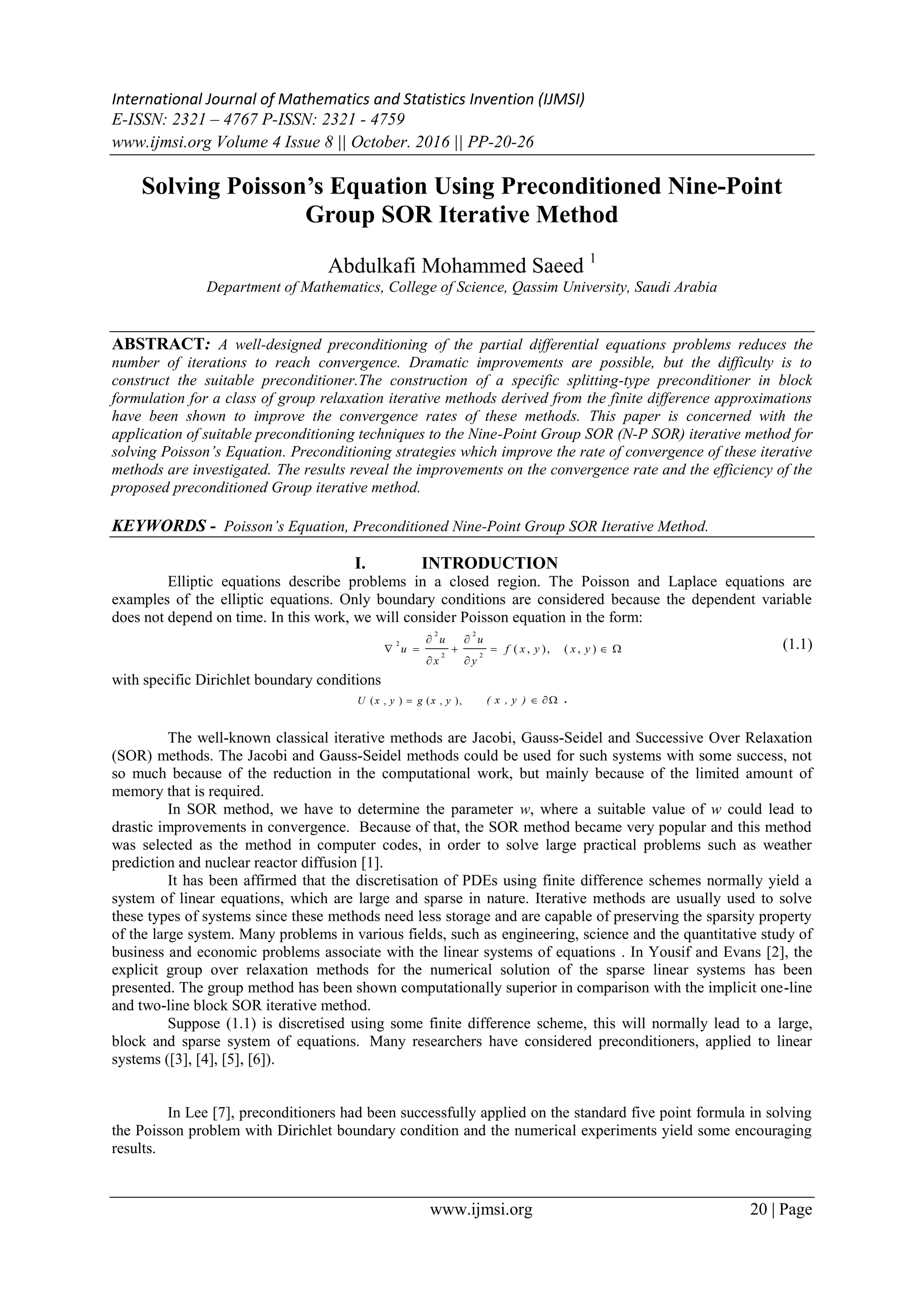 Solving Poisson’s Equation Using Preconditioned Nine-Point Group SOR ...