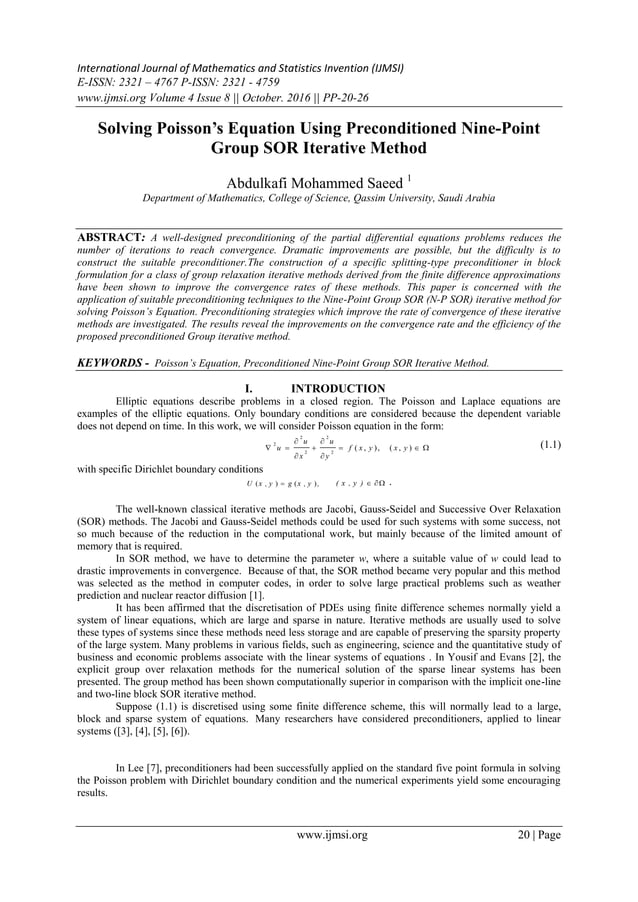 Solving Poisson S Equation Using Preconditioned Nine Point Group Sor Iterative Method Pdf