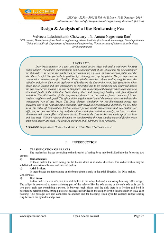 Design & Analysis of a Disc Brake using Fea | PDF