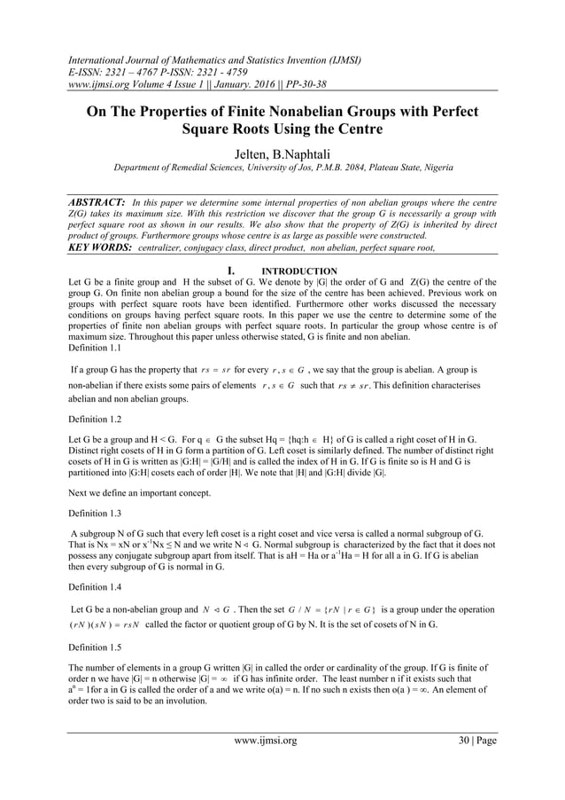 On The Properties of Finite Nonabelian Groups with Perfect Square Roots Using the Centre | PDF