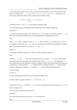 On The Properties of Finite Nonabelian Groups with Perfect Square Roots Using the Centre | PDF
