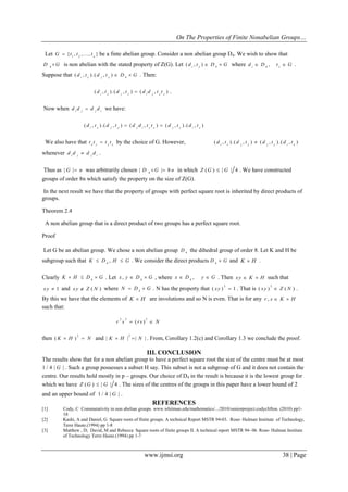 On The Properties of Finite Nonabelian Groups with Perfect Square Roots Using the Centre | PDF