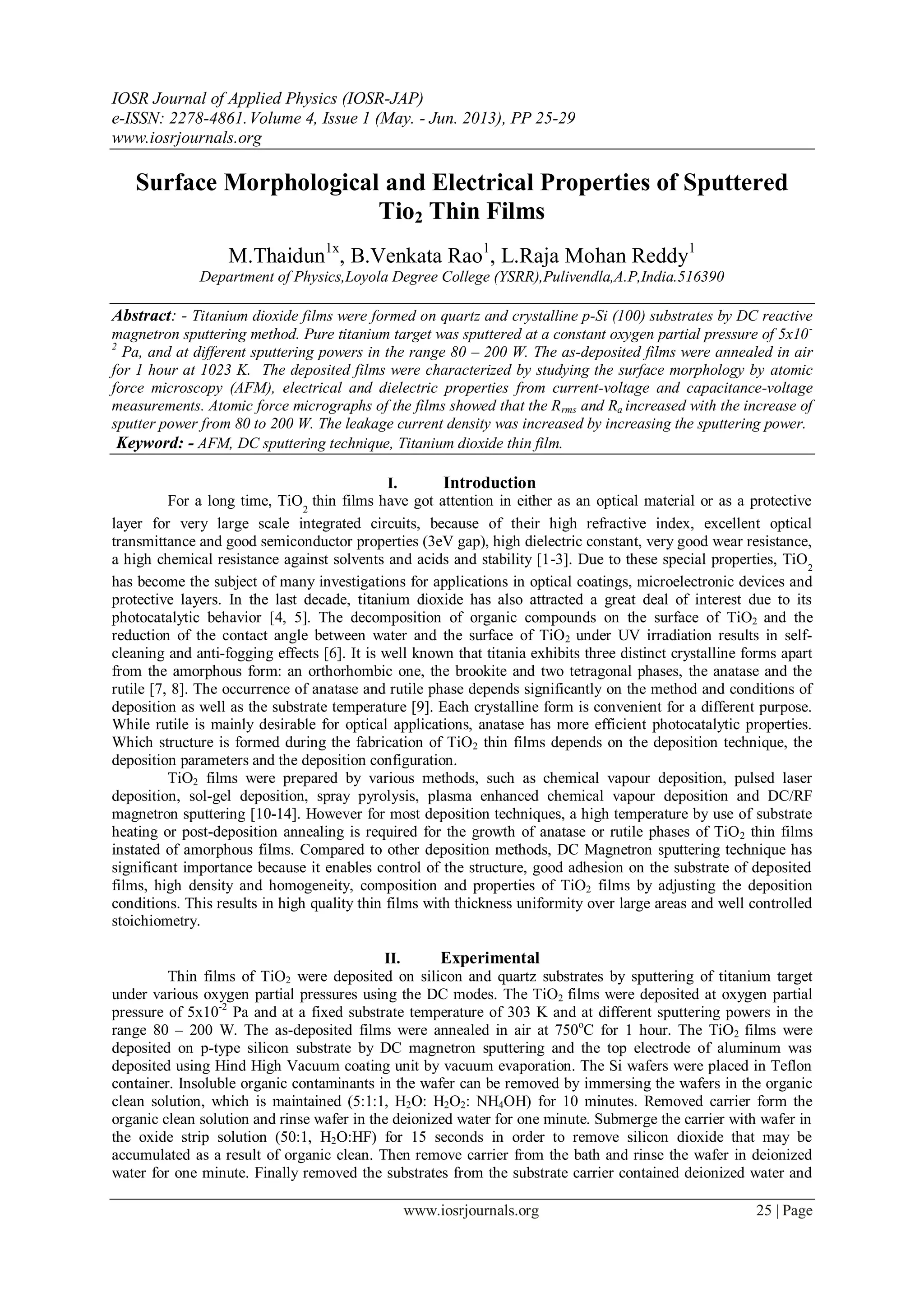 Surface Morphological and Electrical Properties of Sputtered Tio2 Thin Films | PDF