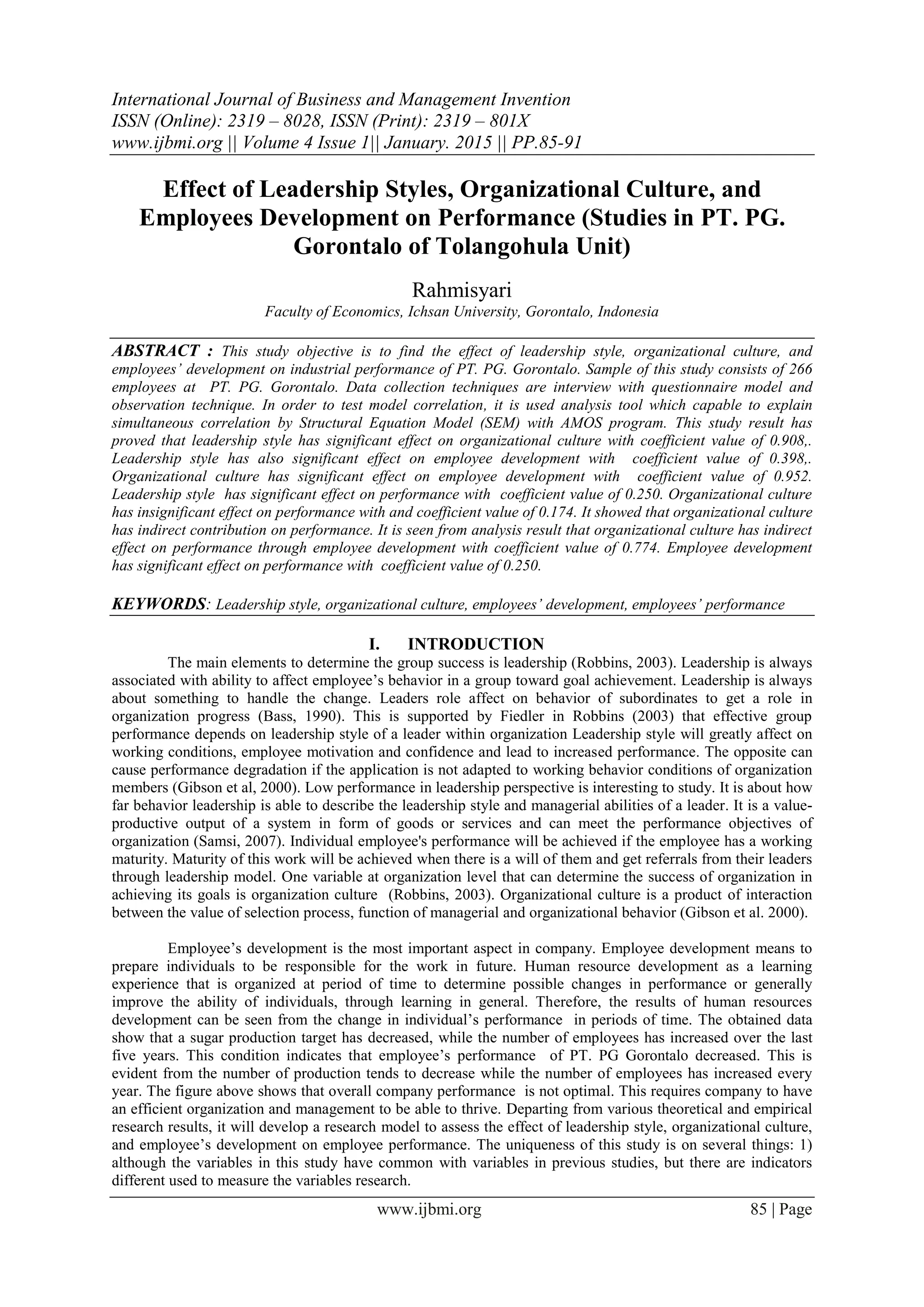 Effect of Leadership Styles, Organizational Culture, and Employees Development on Performance ...