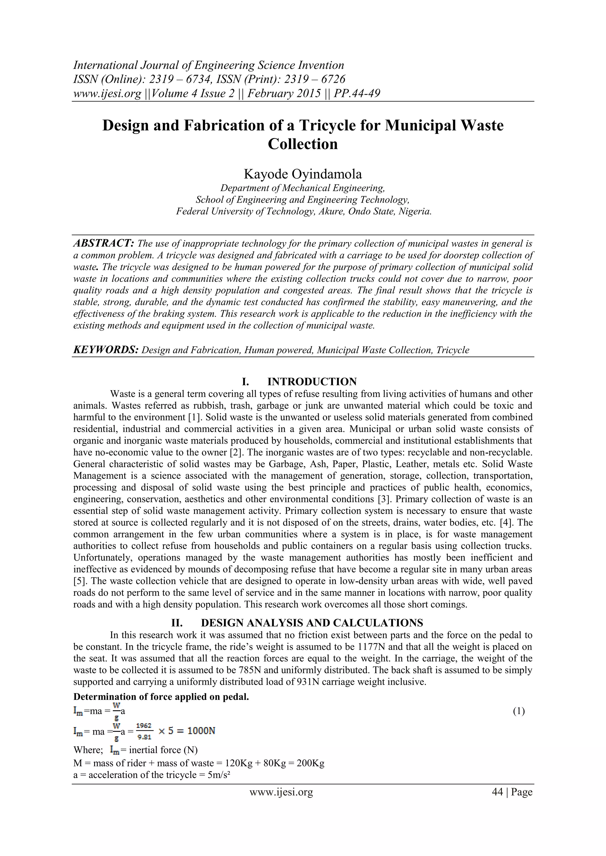 Design and Fabrication of a Tricycle for Municipal Waste Collection | PDF