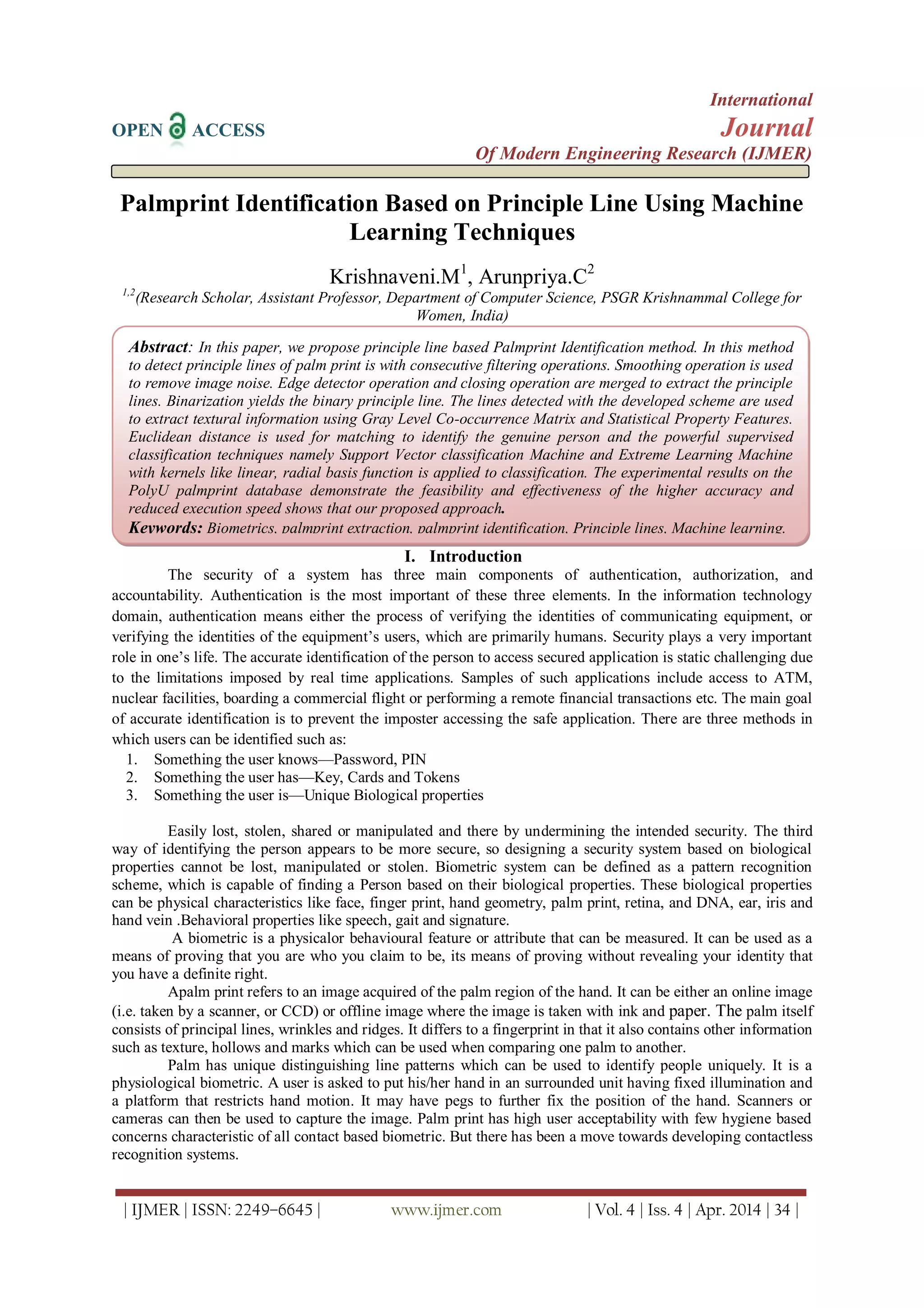Palmprint Identification Based On Principle Line Using Machine Learning Techniques Pdf