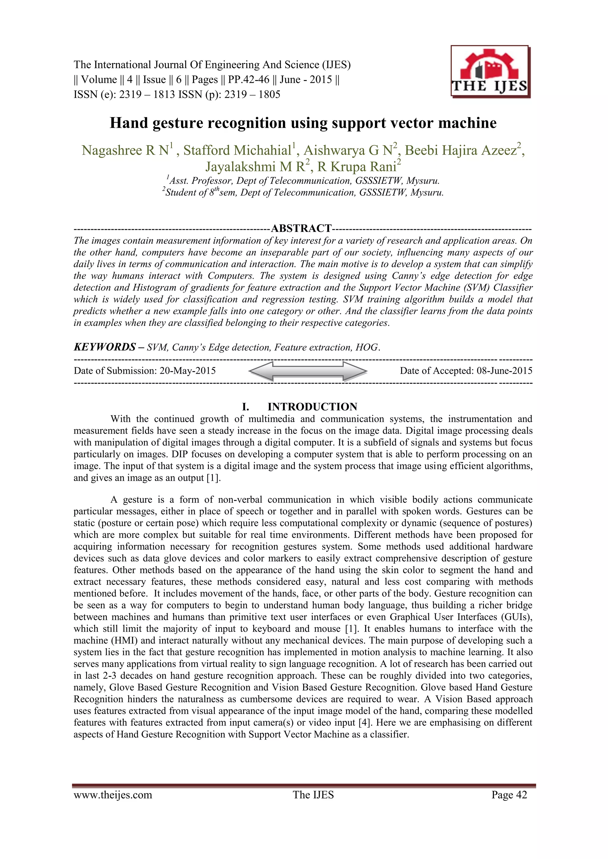 Hand gesture recognition using support vector machine | PDF