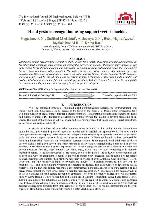 Hand gesture recognition using support vector machine | PDF | Computing | Technology & Computing