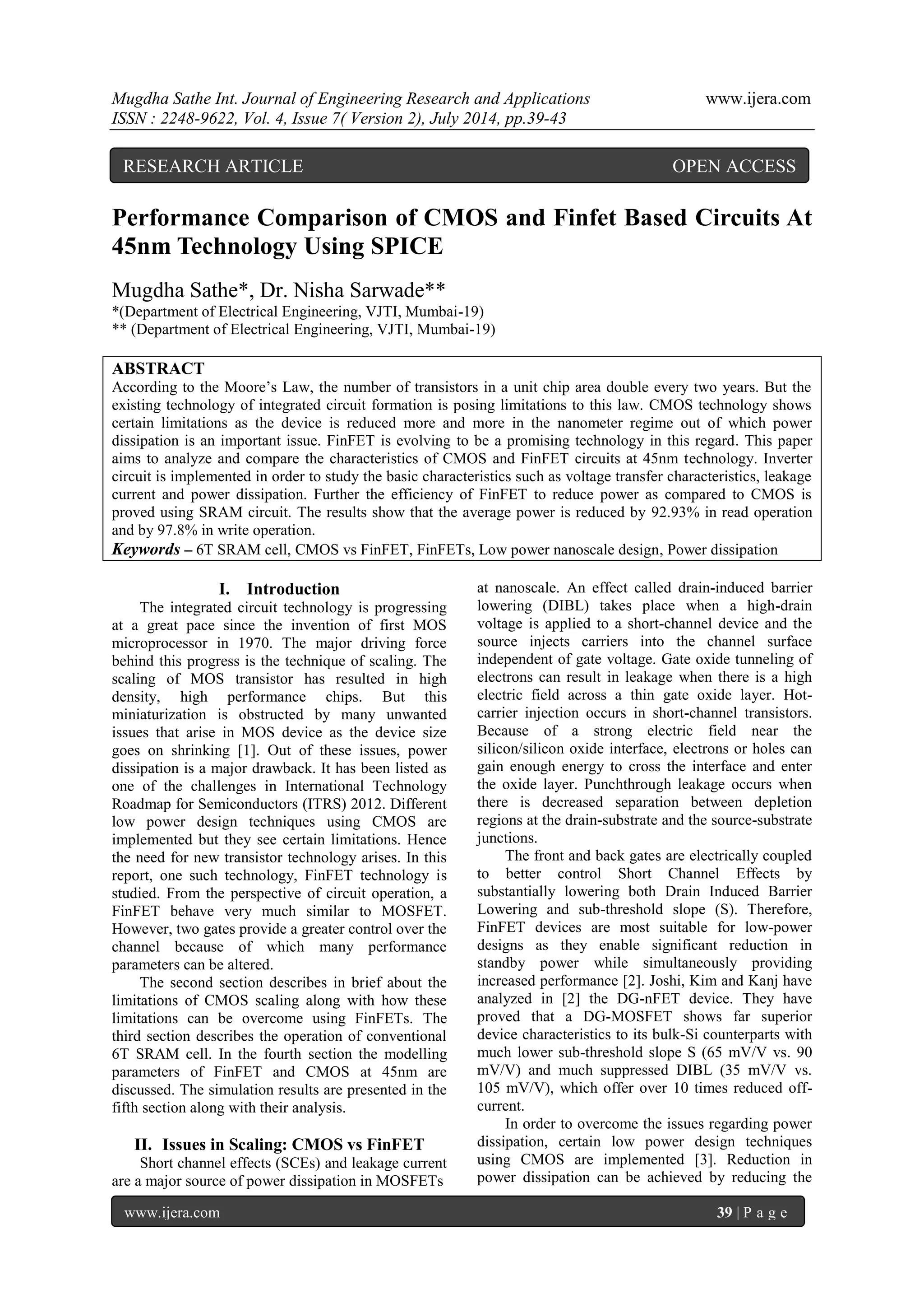 Performance Comparison of CMOS and Finfet Based Circuits At 45nm Technology Using SPICE | PDF