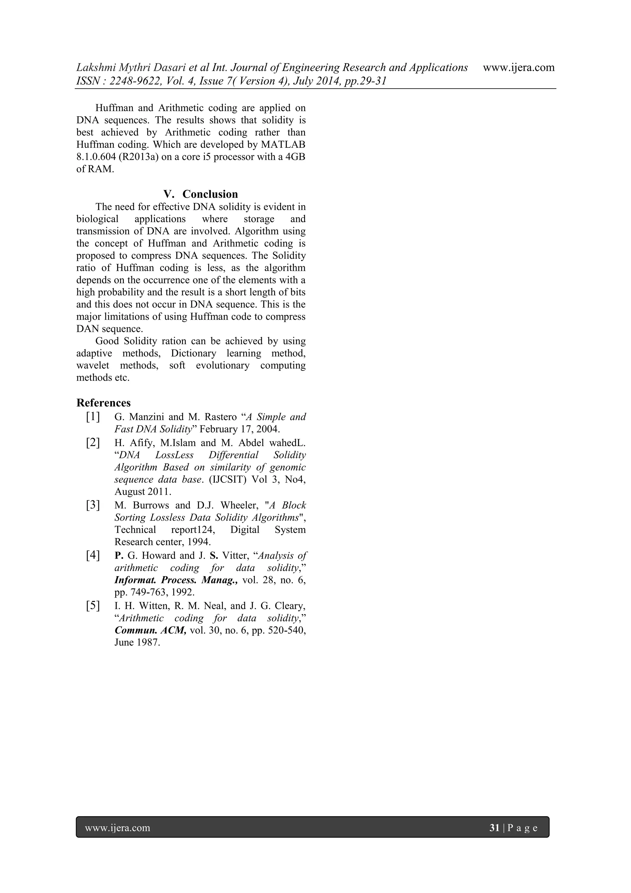 Loss Less Dna Solidity Using Huffman And Arithmetic Coding Pdf