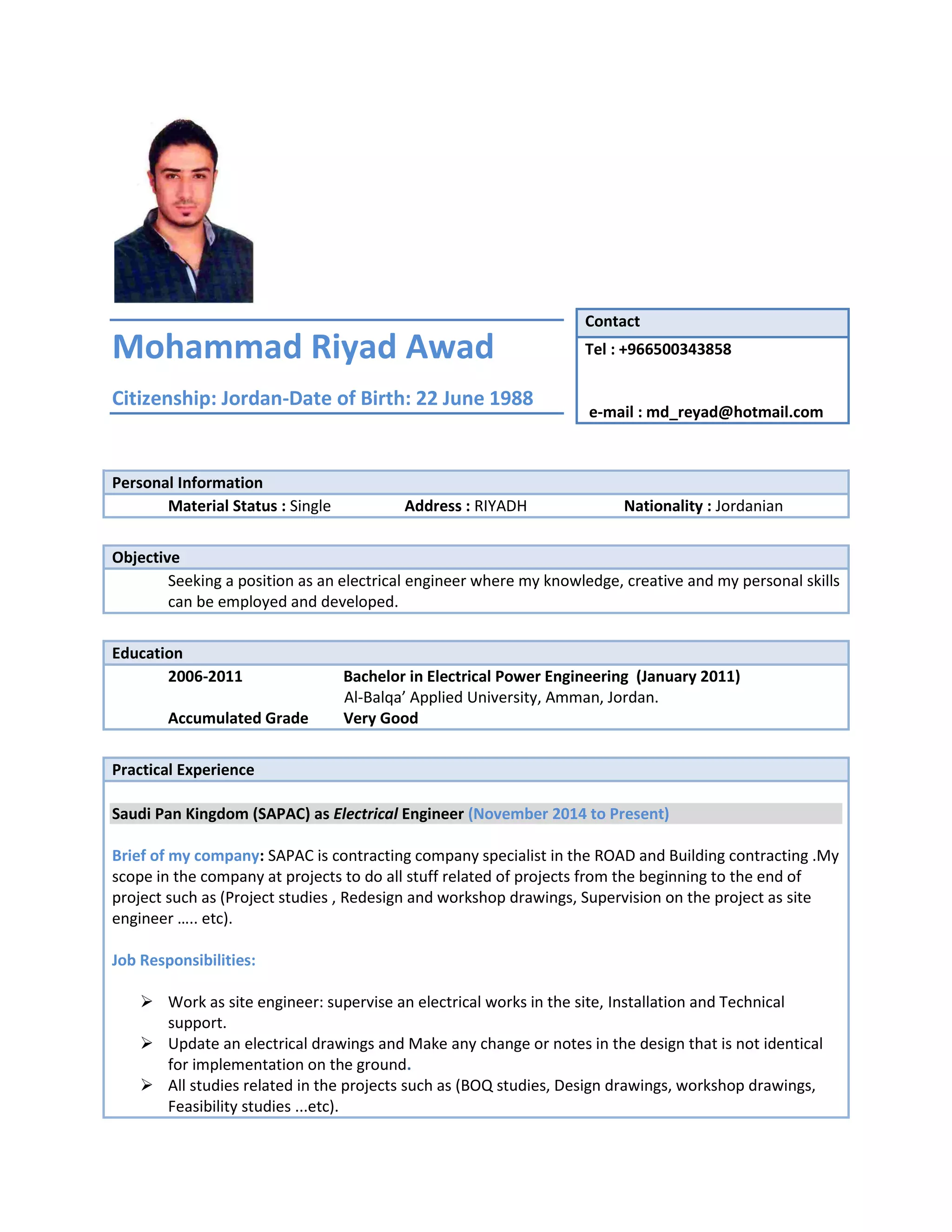 Mohammad Riyad-Electrical Engineer | PDF | Civil Engineering Industry | Industries