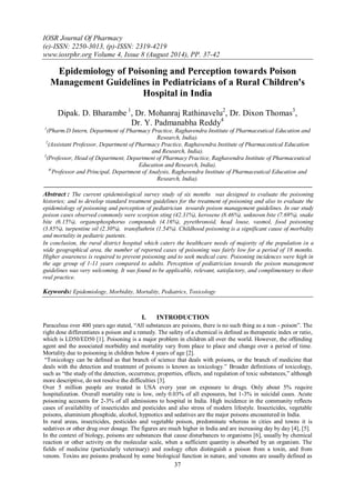 Epidemiology of Poisoning and Perception towards Poison Management ...