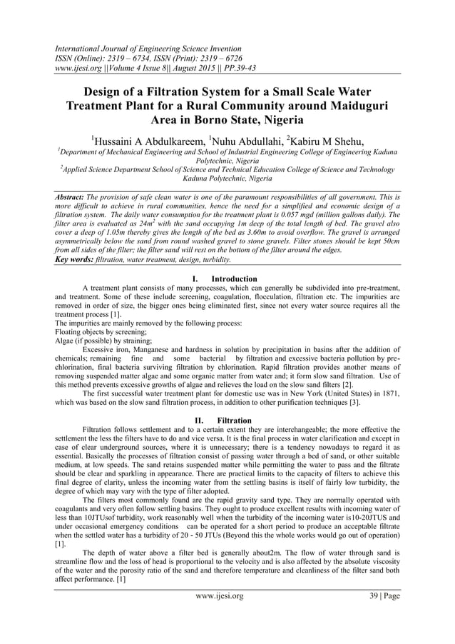 Design of a Filtration System for a Small Scale Water Treatment Plant ...