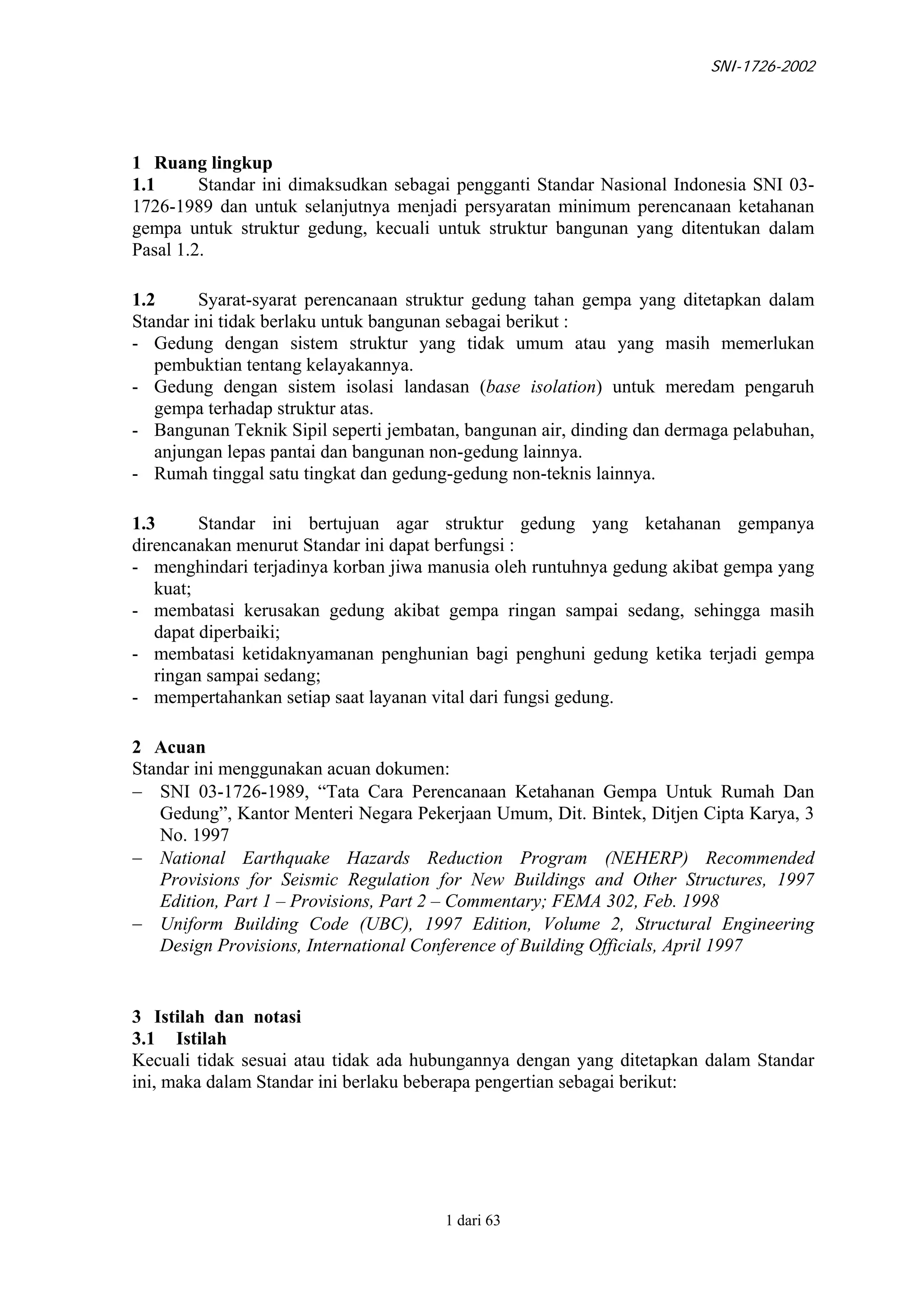 SNI - 1726 - 2002 | PDF