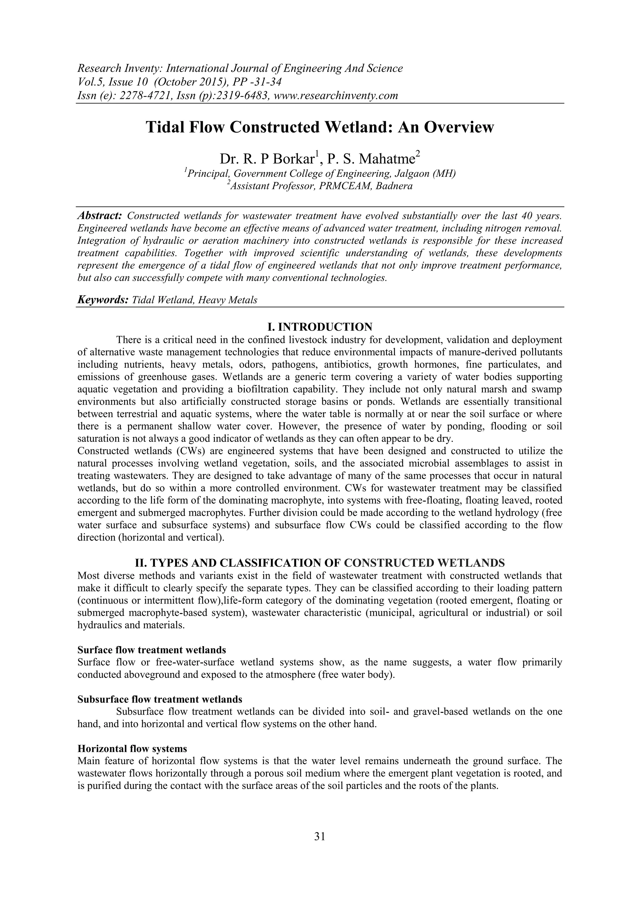 Tidal Flow Constructed Wetland: An Overview | PDF