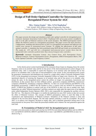 Design of Full Order Optimal Controller for Interconnected Deregulated ...