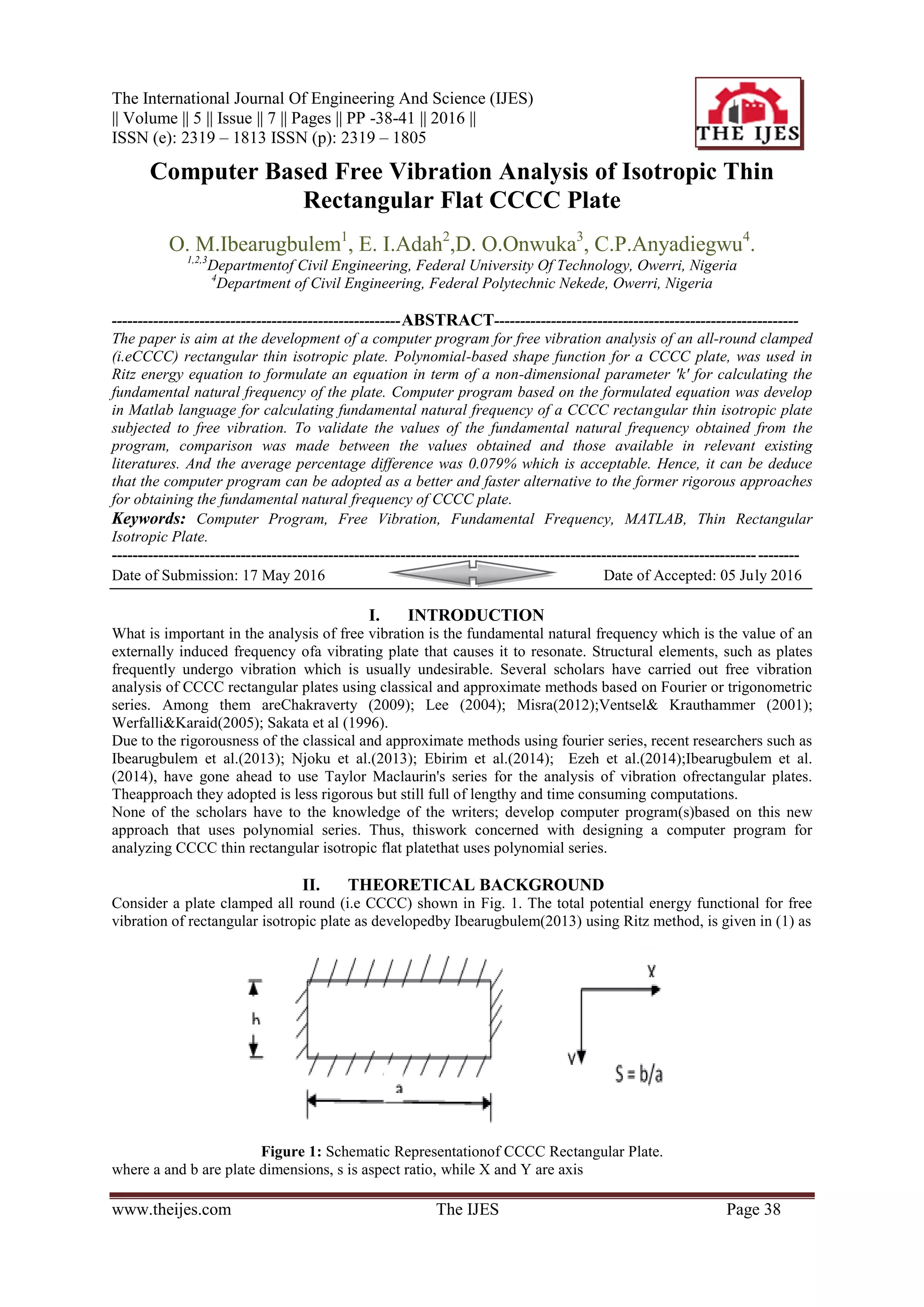 Computer Based Free Vibration Analysis of Isotropic Thin Rectangular Flat CCCC Plate | PDF