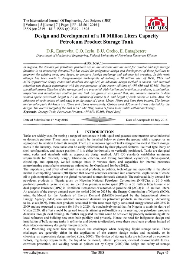 Design and Development of a 10 Million Liters Capacity Petroleum Product Storage Tank | PDF