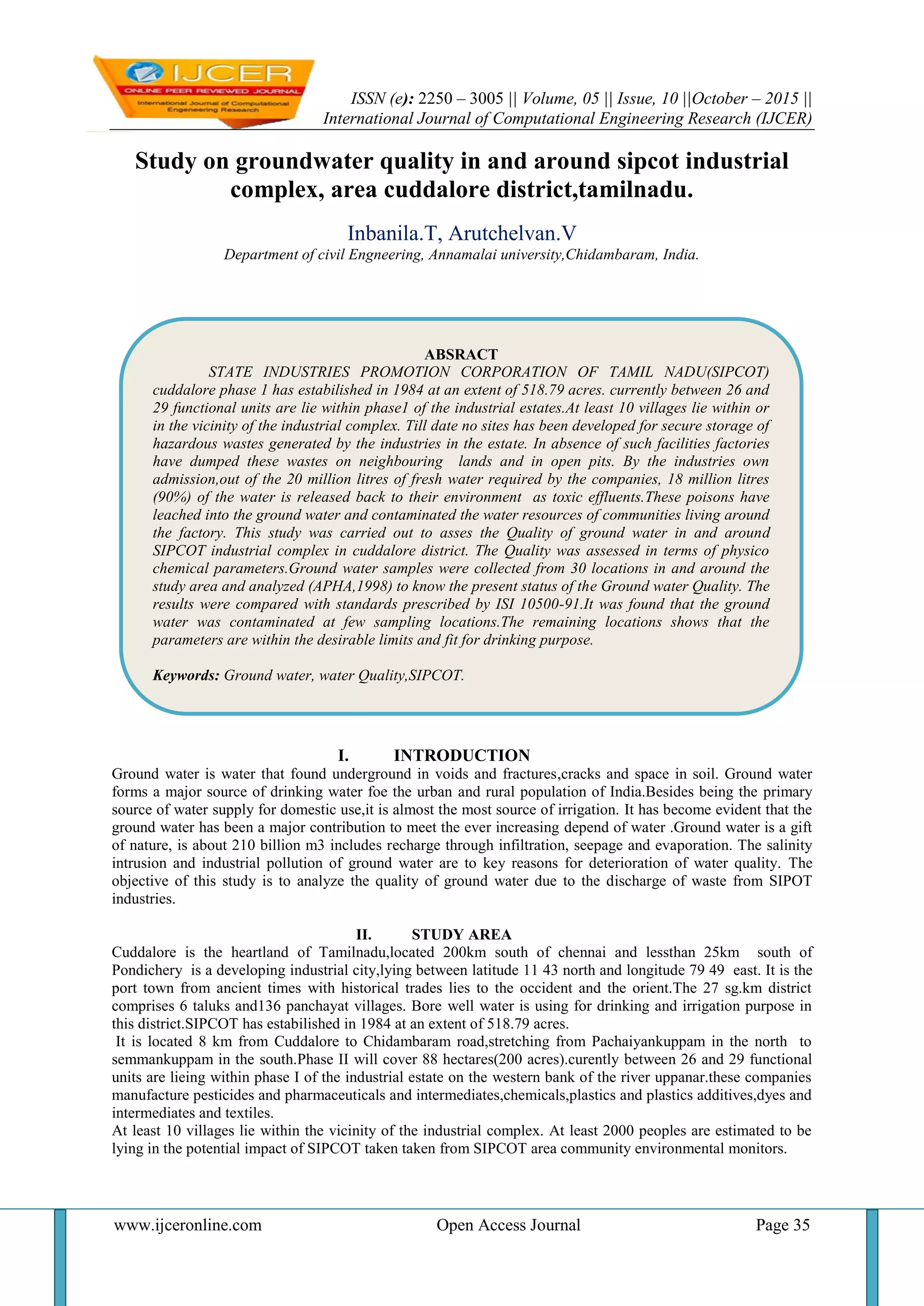 Study on groundwater quality in and around sipcot industrial complex ...