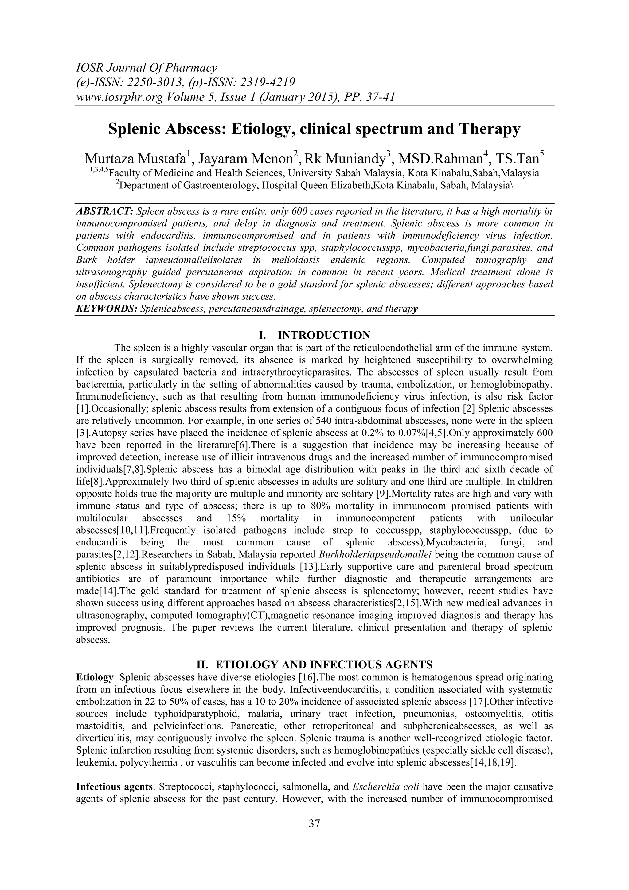 Splenic Abscess: Etiology, clinical spectrum and Therapy | PDF