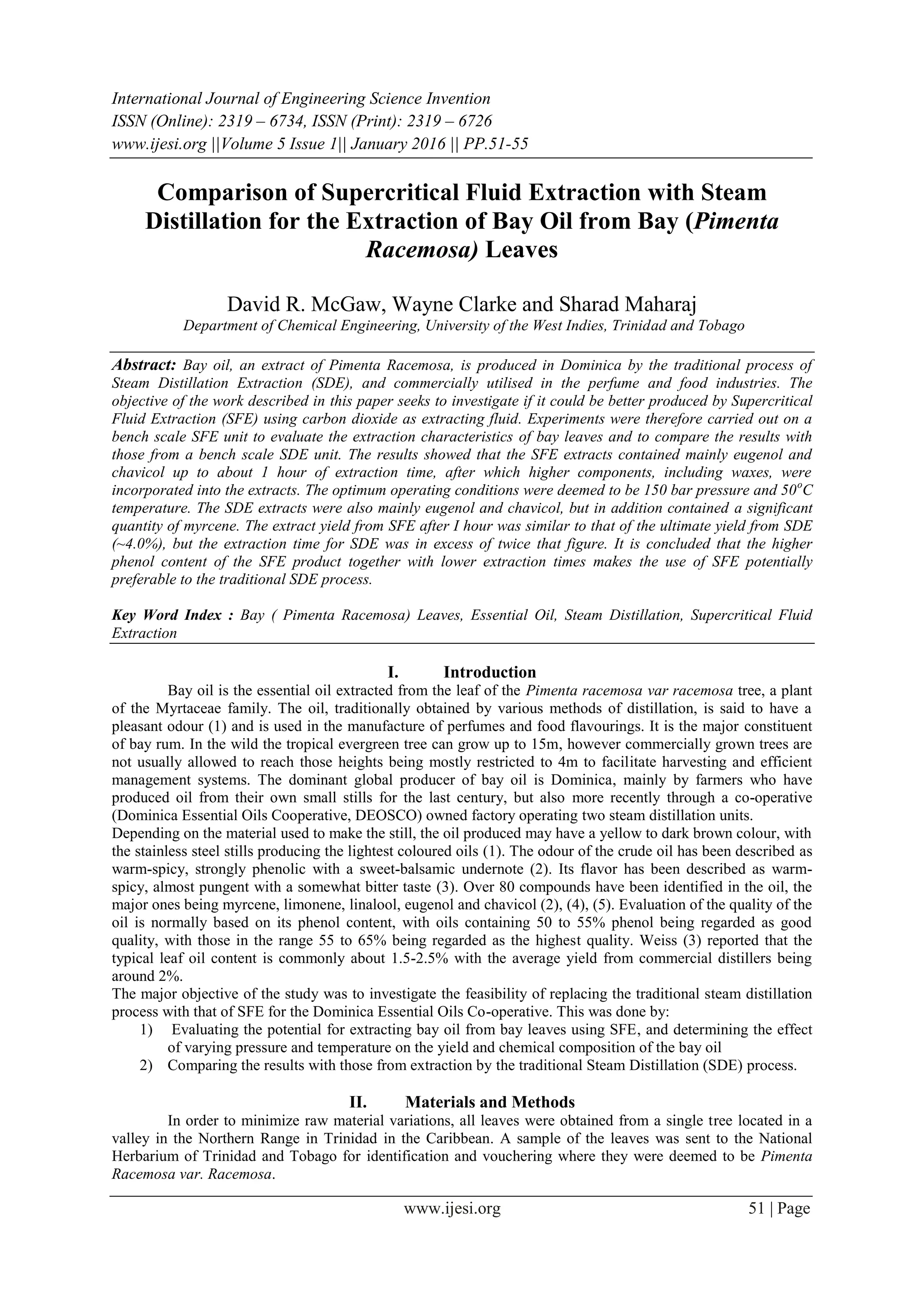 Comparison of Supercritical Fluid Extraction with Steam Distillation ...