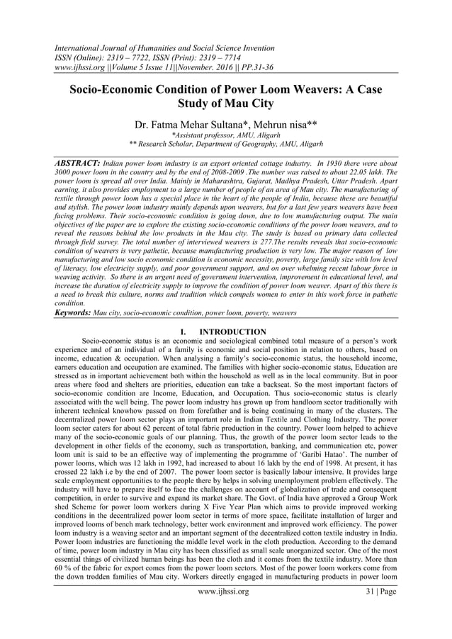 Socio-Economic Condition of Power Loom Weavers: A Case Study of Mau ...