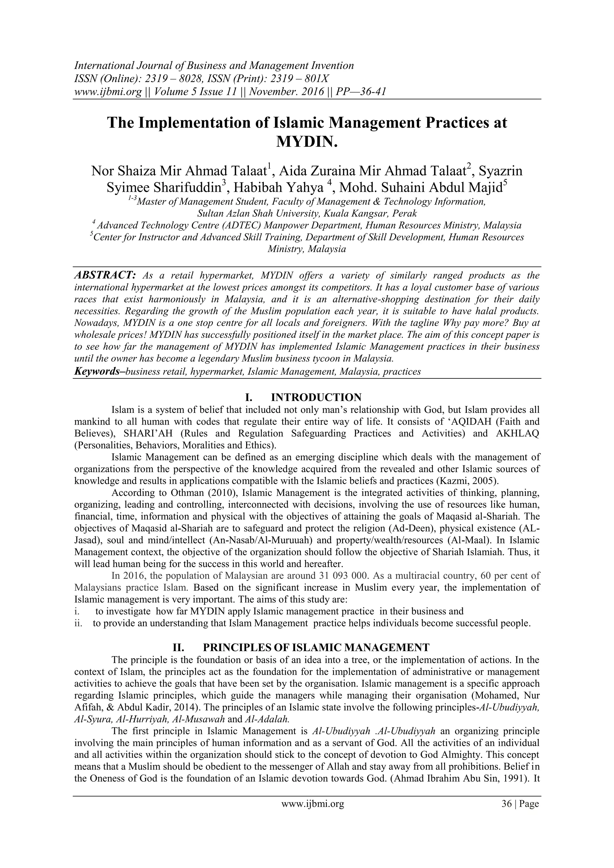 The Implementation of Islamic Management Practices at MYDIN. | PDF