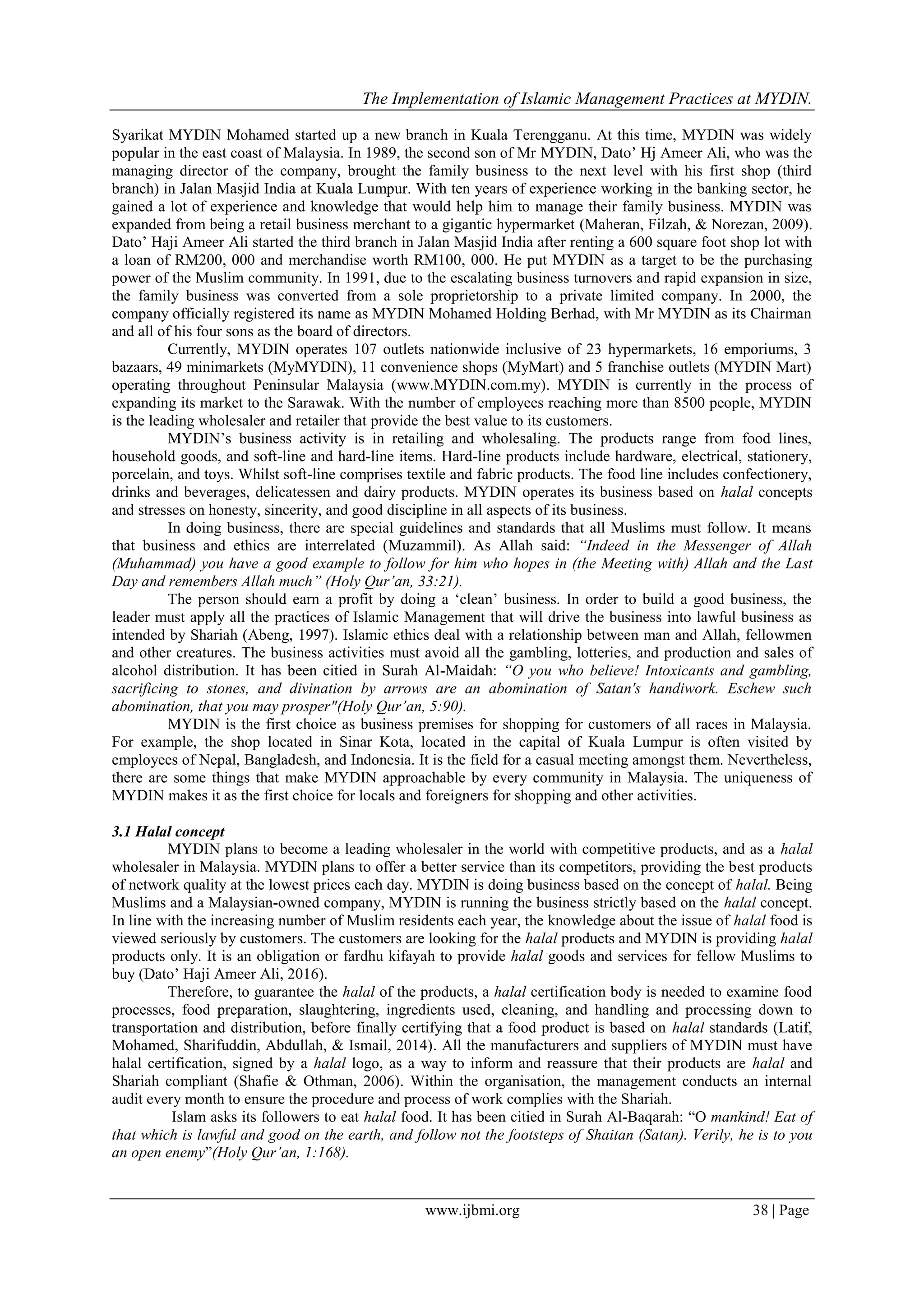 The Implementation of Islamic Management Practices at MYDIN. | PDF