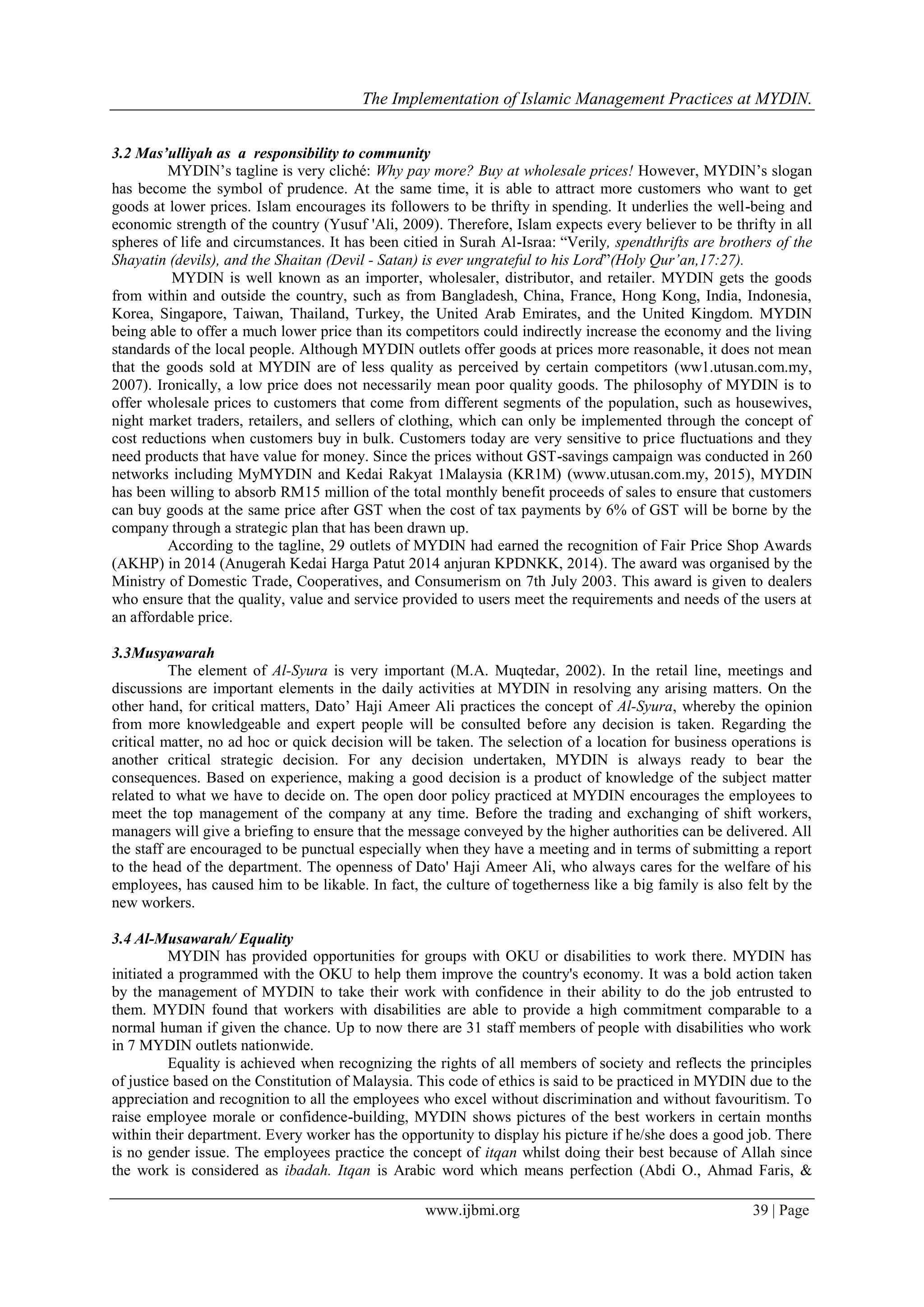 The Implementation of Islamic Management Practices at MYDIN. | PDF
