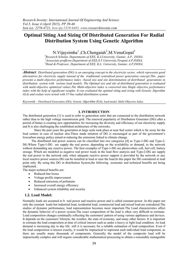 Optimal Siting And Sizing Of Distributed Generation For Radial Distribution System Using Genetic