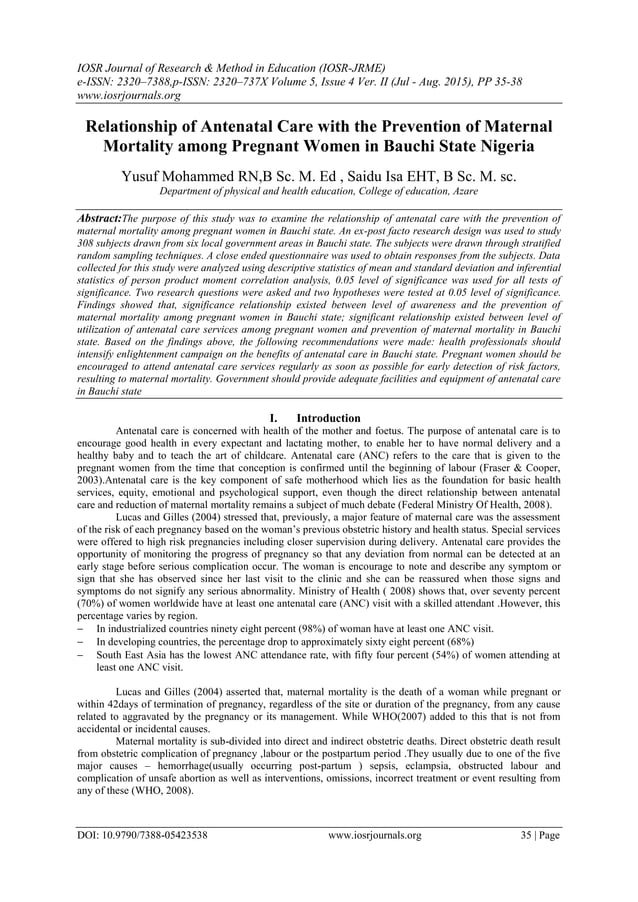 Relationship of Antenatal Care with the Prevention of Maternal ...