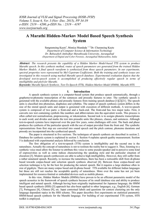 A Marathi Hidden-Markov Model Based Speech Synthesis System | PDF | Digital Audio | Computer ...