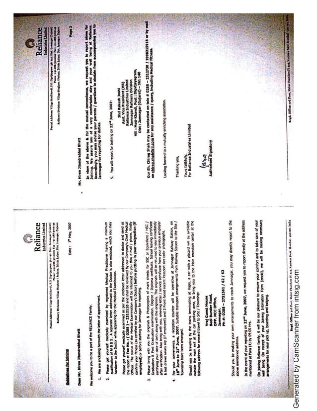 Reliance joining letter | PDF