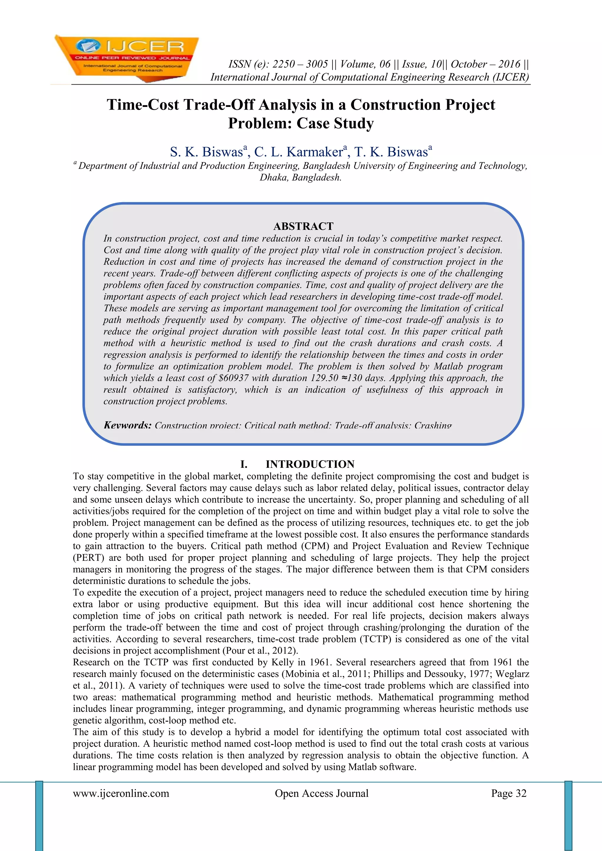 Time-Cost Trade-Off Analysis in a Construction Project Problem: Case ...
