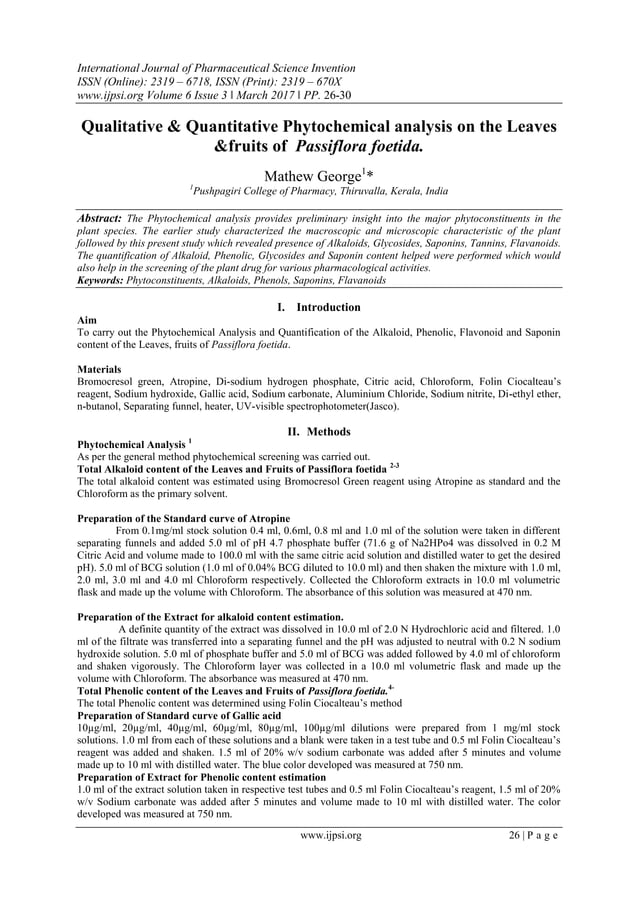 Qualitative & Quantitative Phytochemical analysis on the Leaves &fruits of Passiflora foetida. | PDF