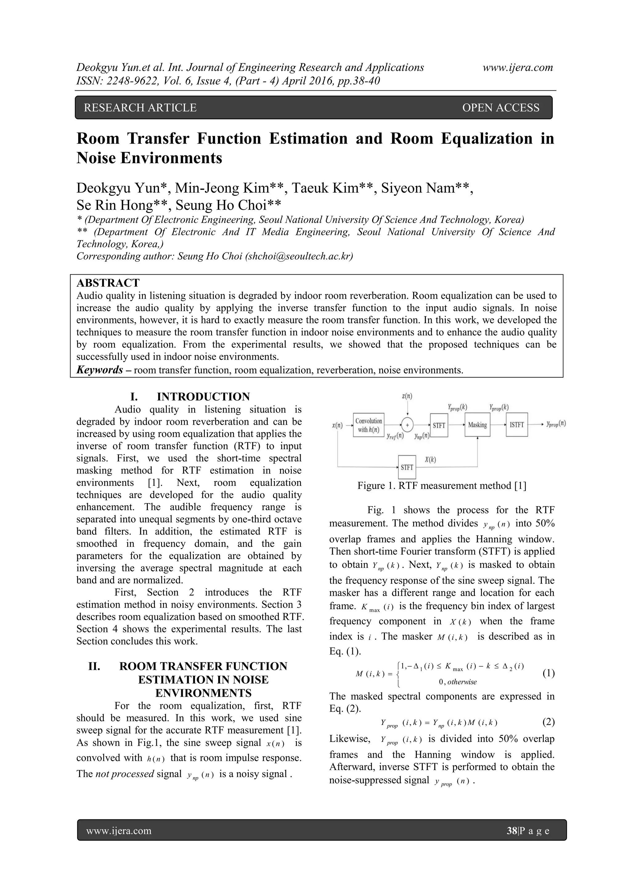 Room Transfer Function Estimation And Room Equalization In Noise Environments Pdf