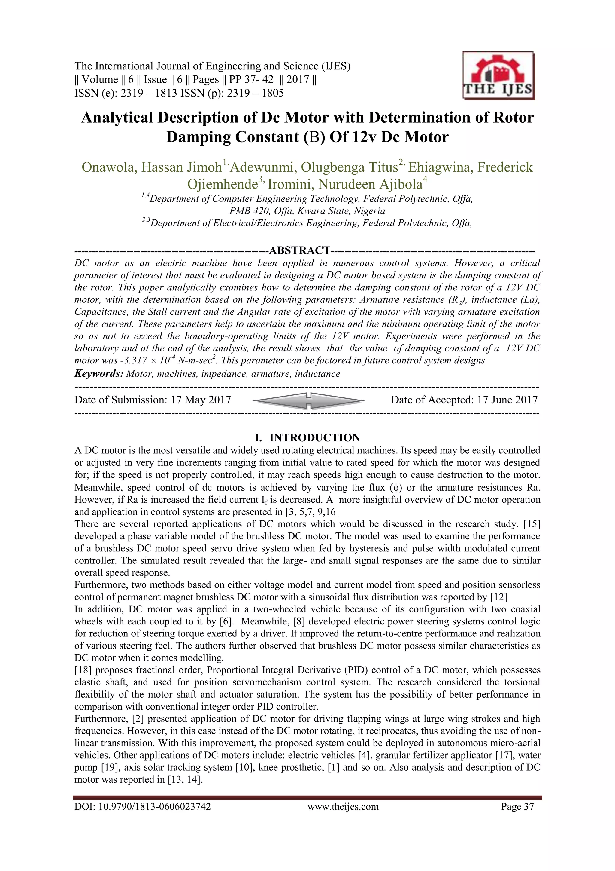 Analytical Description of Dc Motor with Determination of Rotor Damping ...