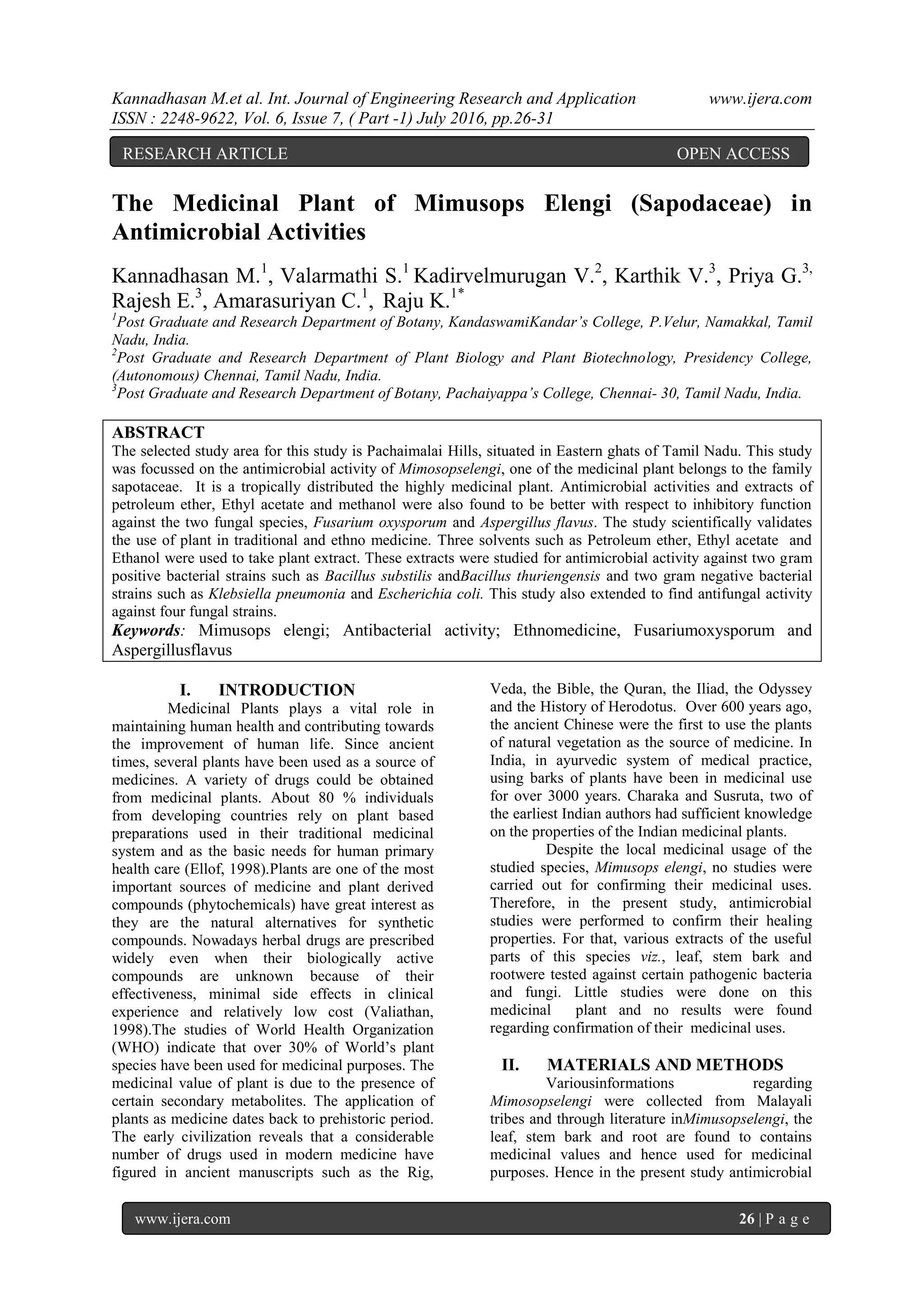 The Medicinal Plant of Mimusops Elengi (Sapodaceae) in Antimicrobial Activities | PDF