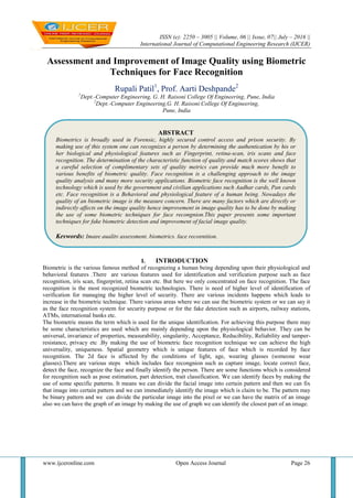 Assessment and Improvement of Image Quality using Biometric Techniques ...