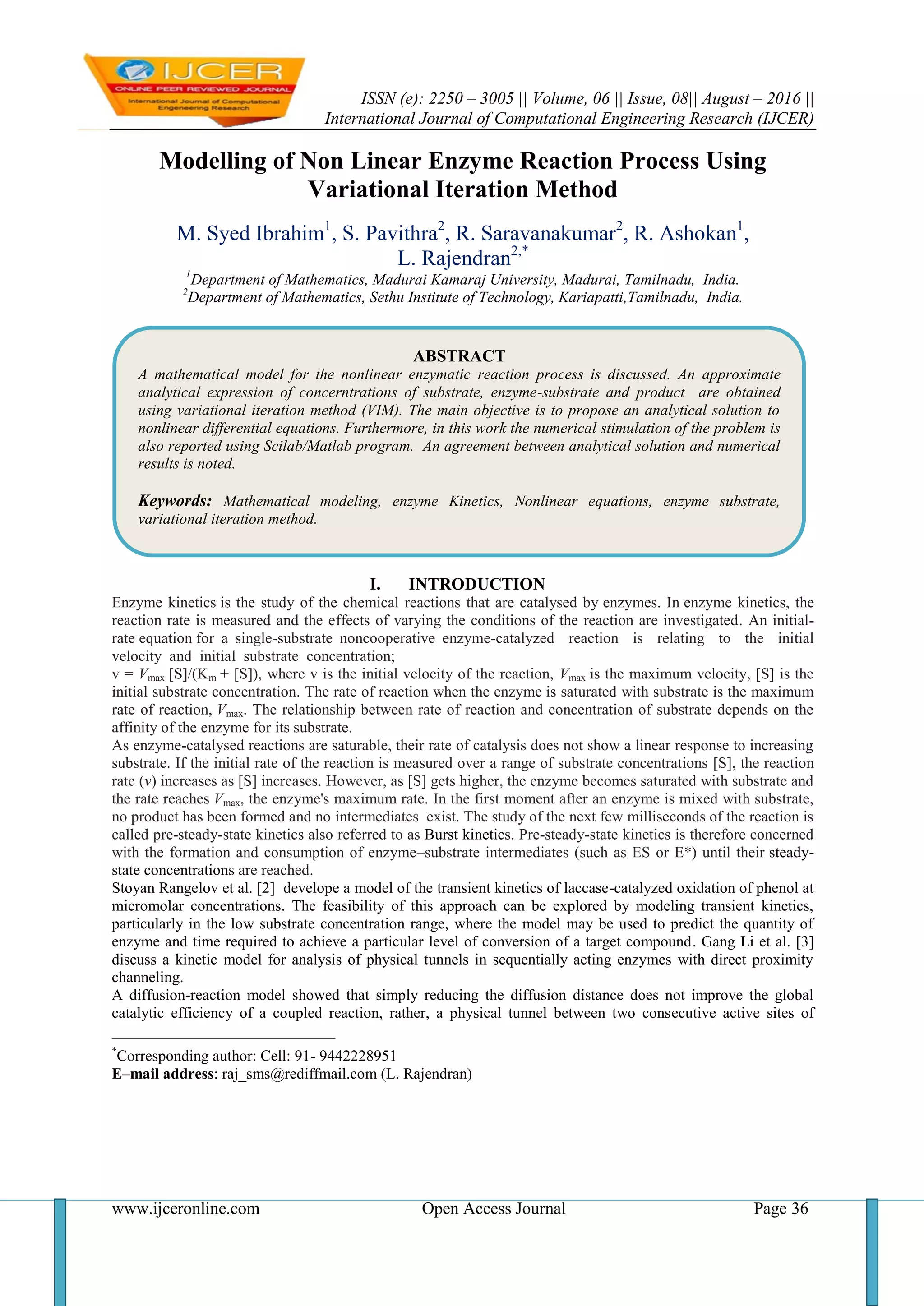Modelling of Non Linear Enzyme Reaction Process Using Variational Iteration Method | PDF