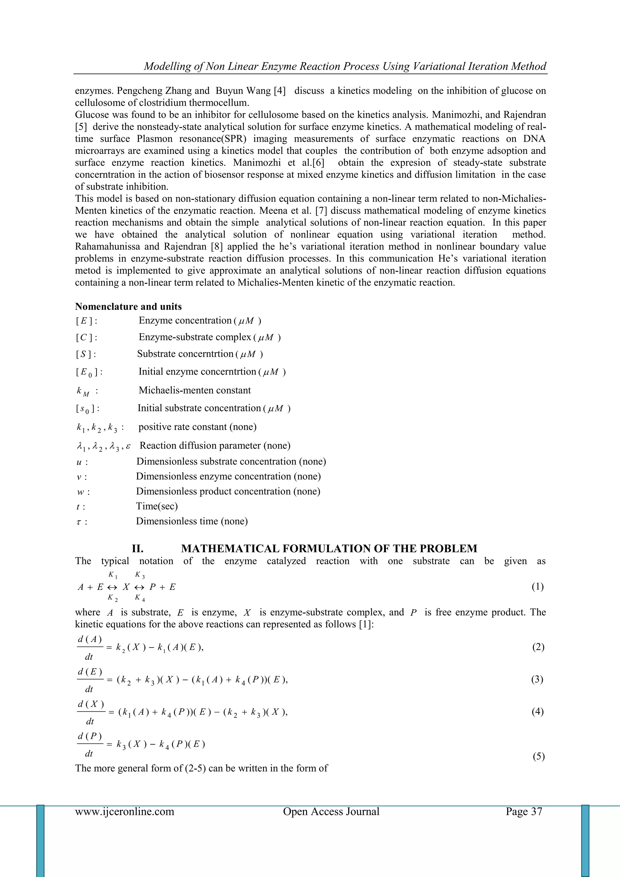 Modelling Of Non Linear Enzyme Reaction Process Using Variational