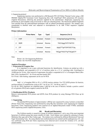 Molecular and Bacteriological Examination of Cow Milk in Coliform ...
