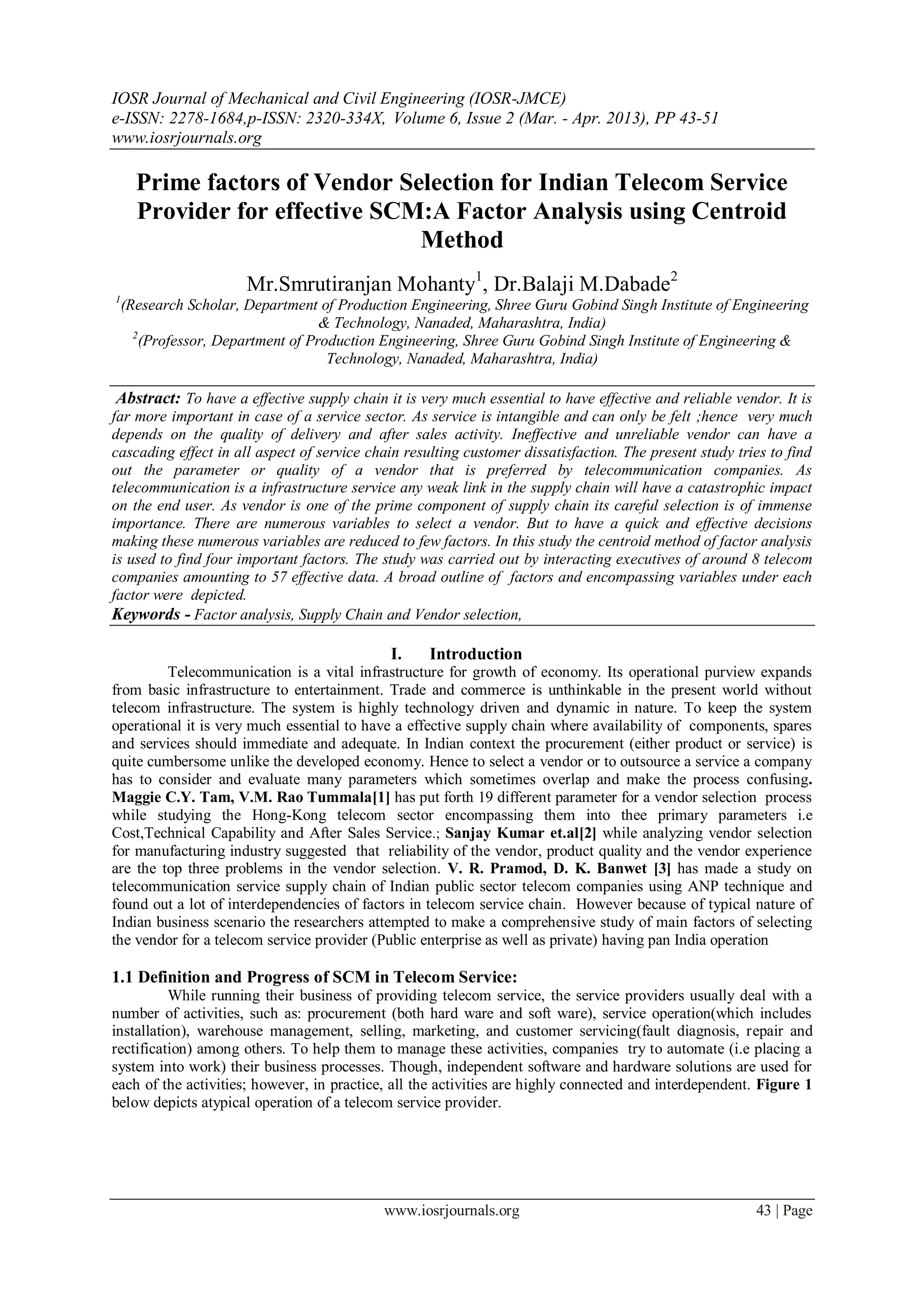 Prime factors of Vendor Selection for Indian Telecom Service Provider ...