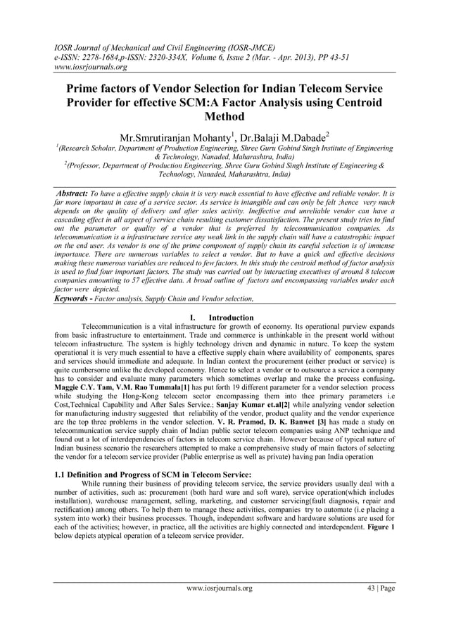 Prime factors of Vendor Selection for Indian Telecom Service Provider for effective SCM:A Factor ...