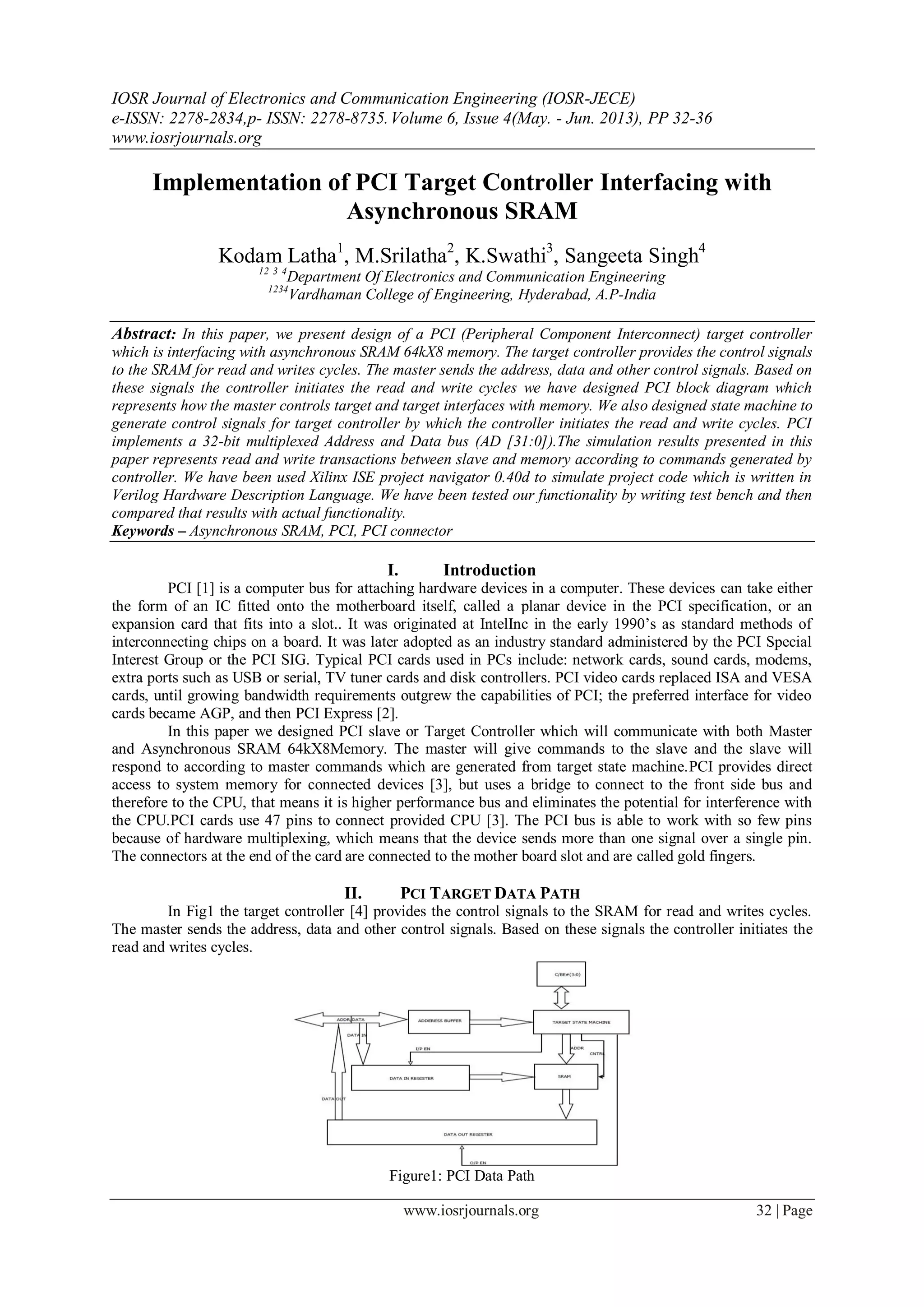 Implementation of PCI Target Controller Interfacing with Asynchronous SRAM | PDF