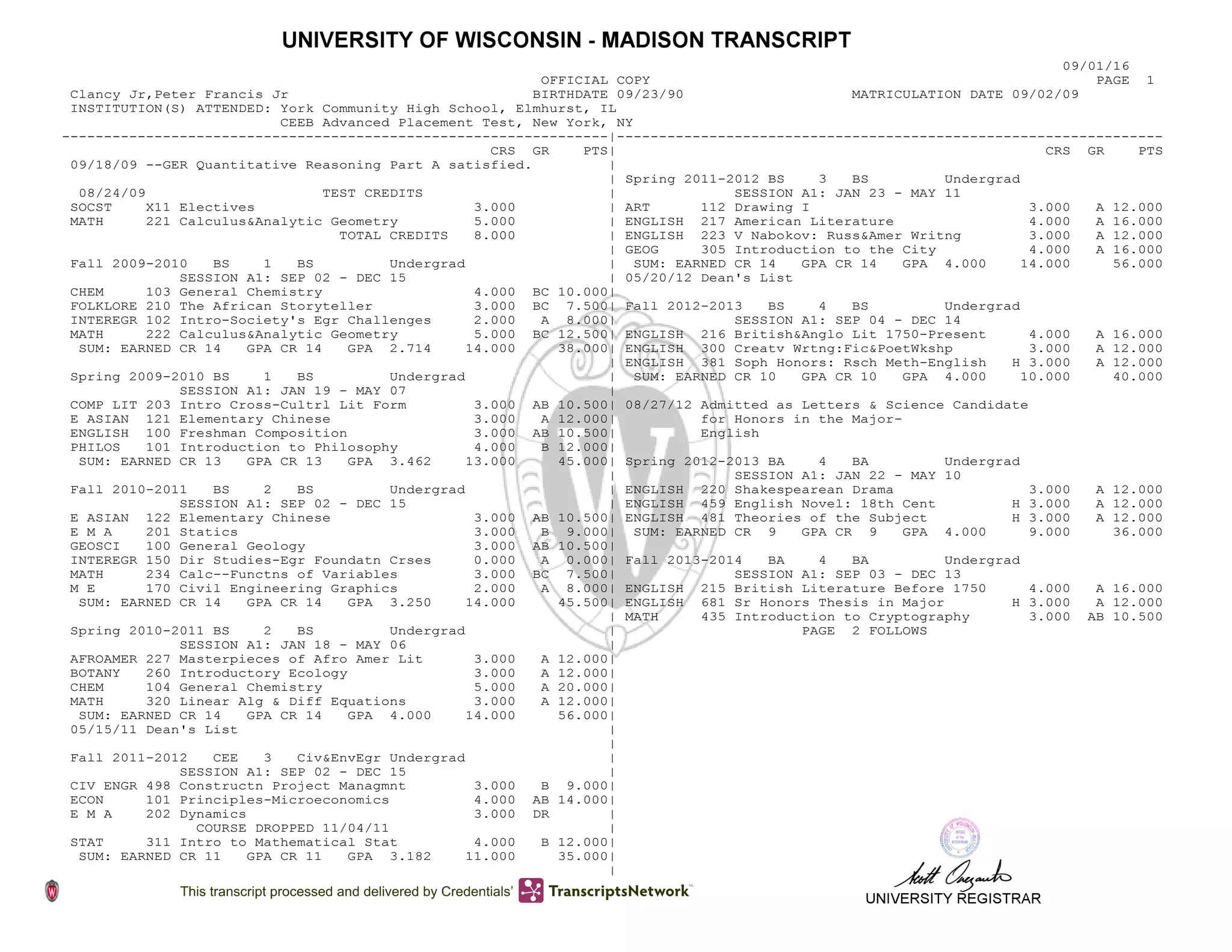PeteClancy-OfficialTranscript-UWMadison | PDF