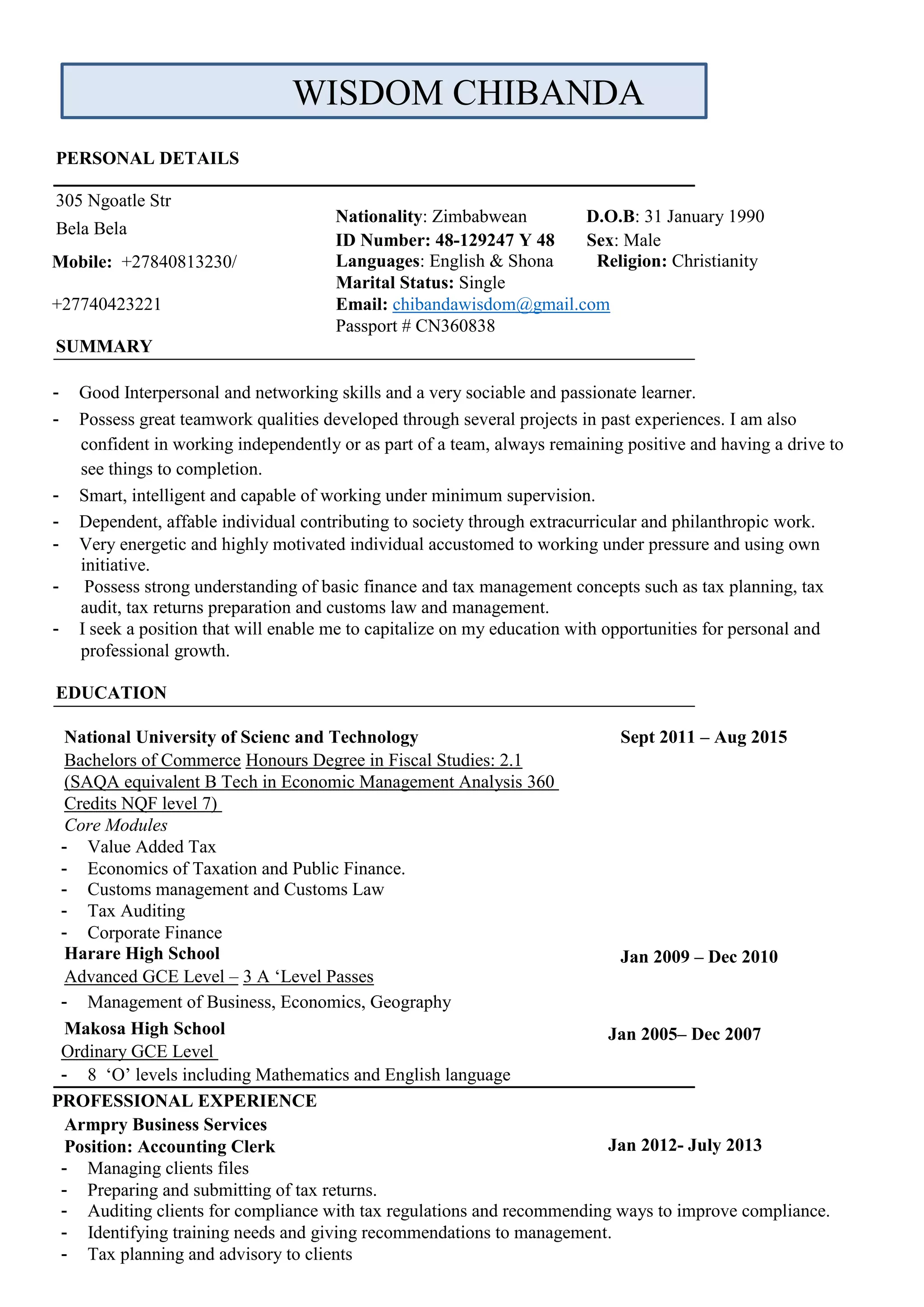 Curriculum Vitae For Wisdom Chibanda ammended saaz add | PDF